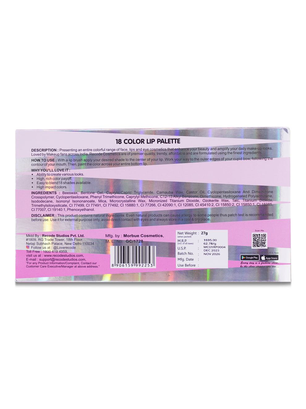 Home All Products Recode Lip Palette 18 Shades- 27 G